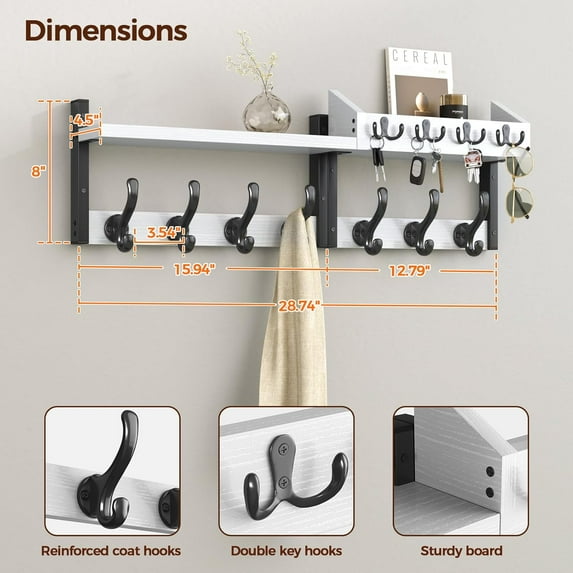29" Coat Rack Wall Mount with Shelf, 4 in 1 Coat and Key Hanger with 11 ...