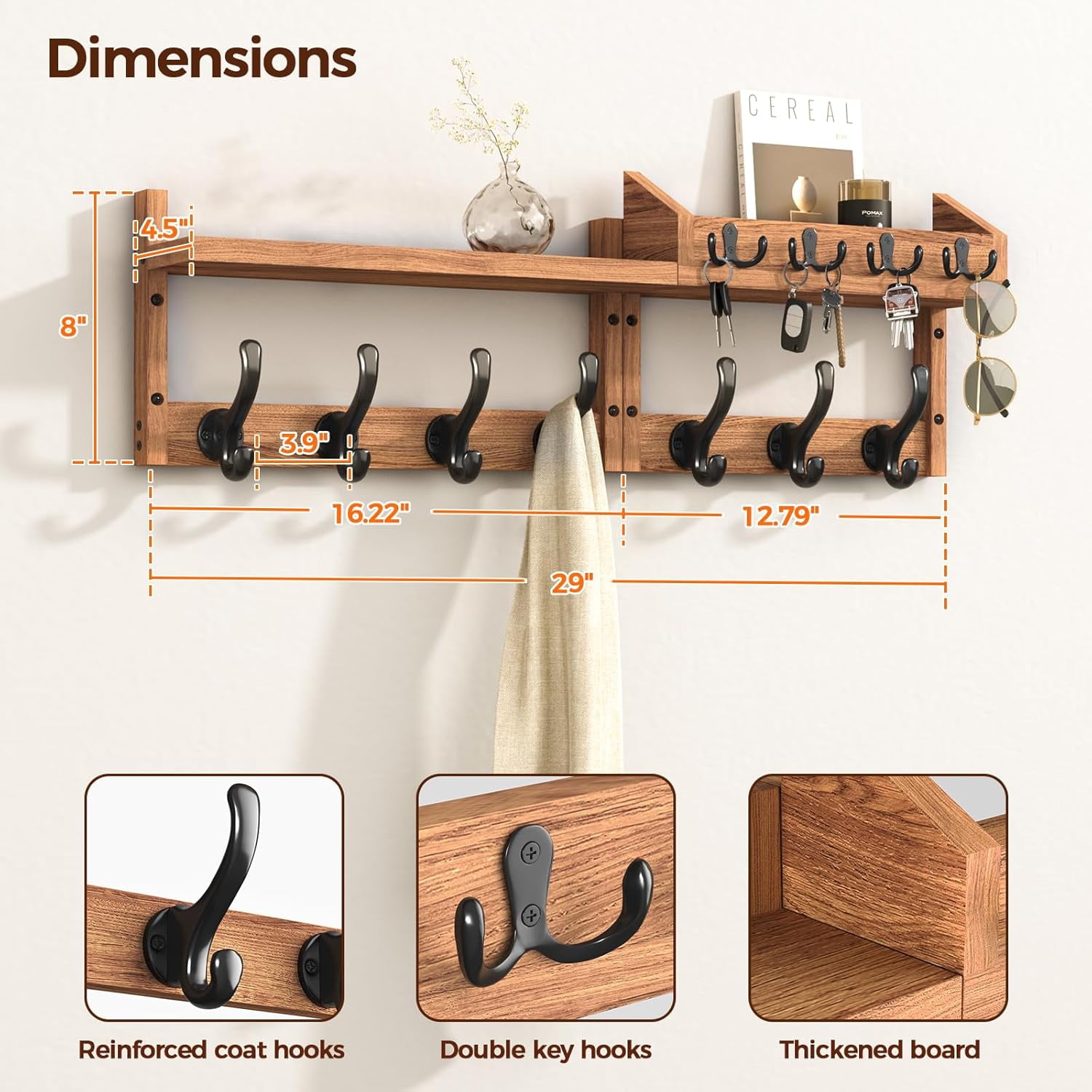 29" Coat Rack Wall Mount with Shelf, 4 in 1 Wall Mounted Coat and Key ...