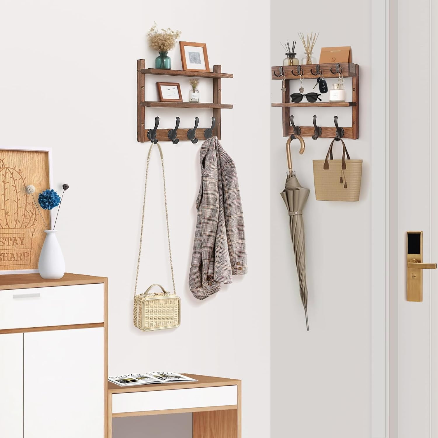 29" Coat Rack Wall Mount with Shelf, Pine Two-Tier Wall Shelf Mounted ...