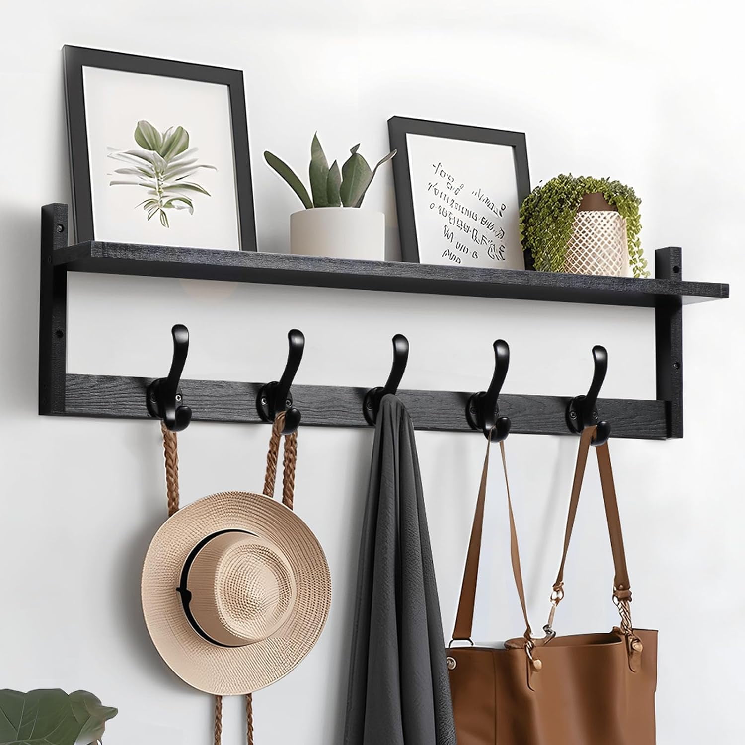 29'' Coat Rack Wall Mount with Shelf, Wood Wall Hooks with Storage ...