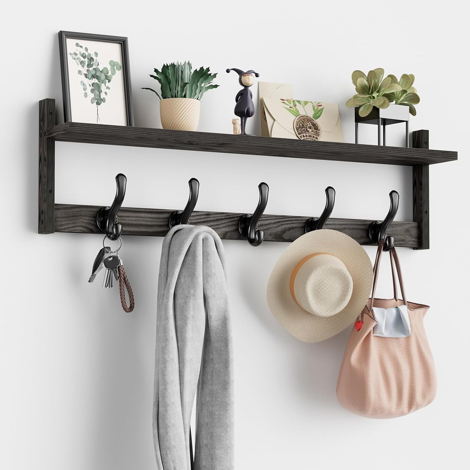 29'' Coat Rack Wall Mount with Shelf, Wood Wall Hooks with Storage, Entryway Shelf with 5 Coat ...