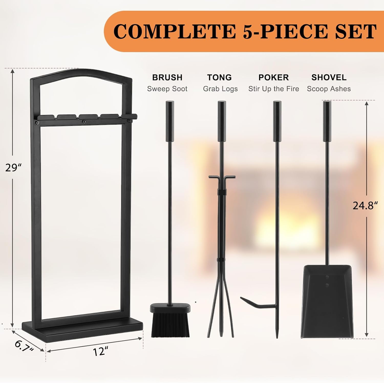 29 Inch 5 Pieces Fireplace Tools Set with Stand, Outdoor Fire Tools for ...