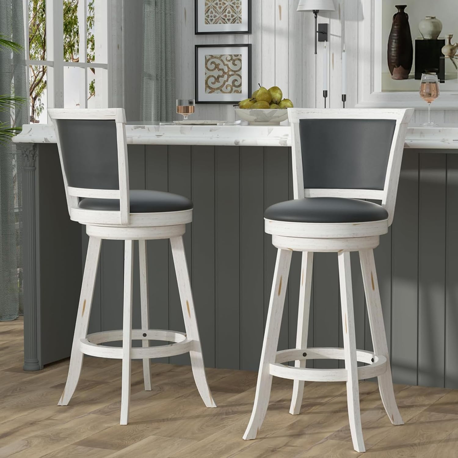 29 Inch Bar Stools with Swivel Function, High Back gray Faux Leather ...