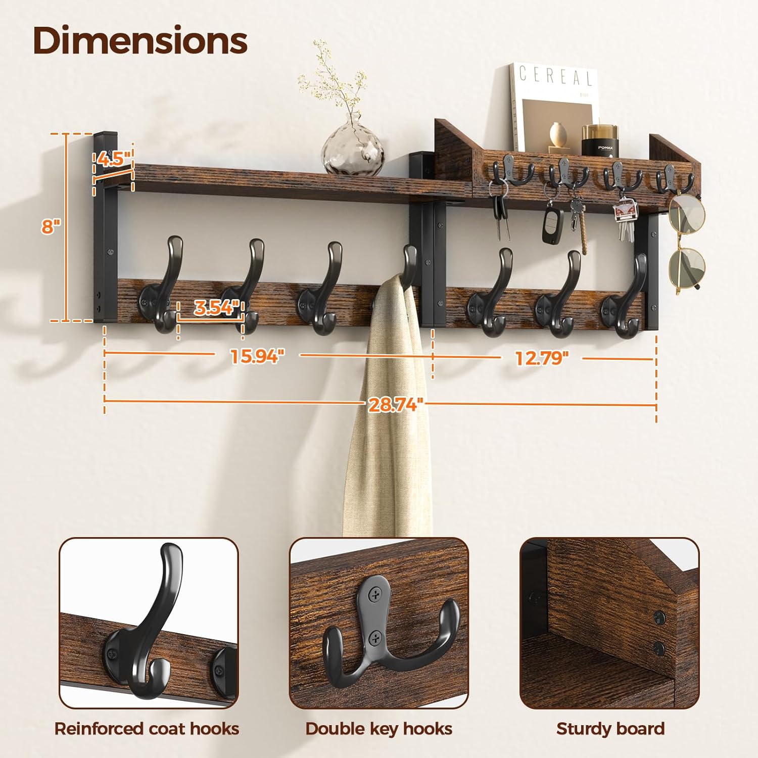 29 Inch Coat Rack Wall Mount with Shelf, 4-in-1 Entryway Organizer with ...