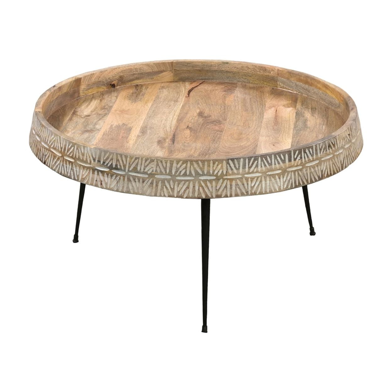 29" Handcrafted Round Coffee Table Brown Wood Top Carved Edge Black ...