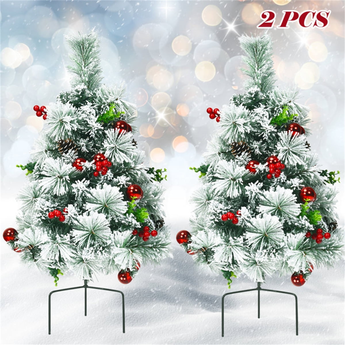 29 Inch Outdoor Pathway Christmas Trees Set of 2, Pre-Lit Snow Flocked ...