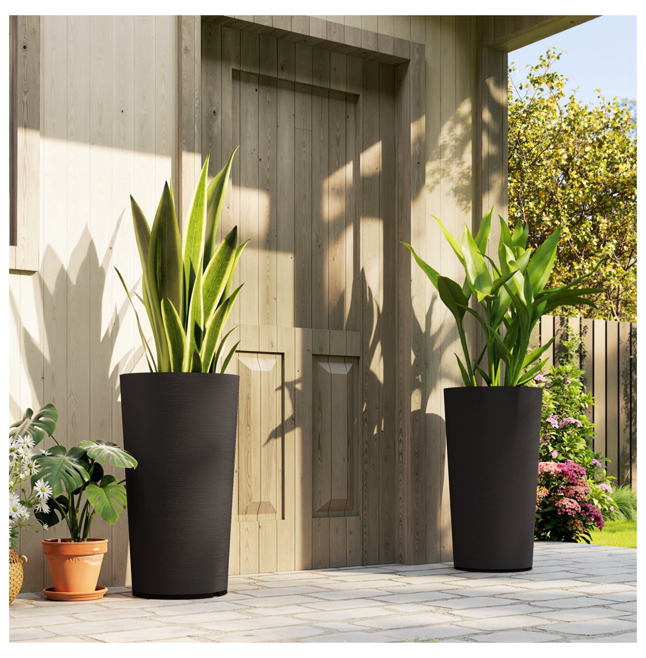 29 Inch Outdoor Planters - Set of 2 Black Plastic Flower Pots, Large ...