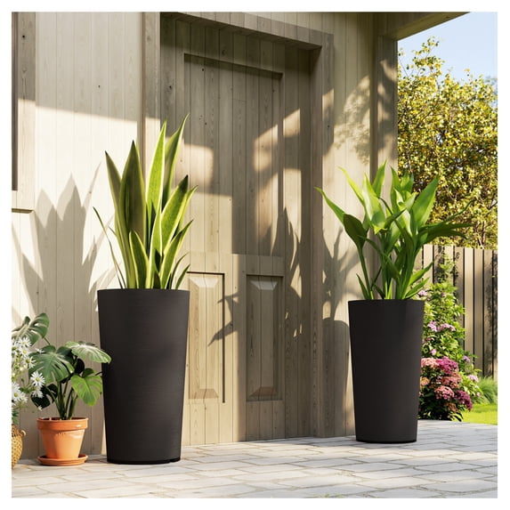 29 Inch Outdoor Planters - Set of 2 Black Plastic Flower Pots, Large ...