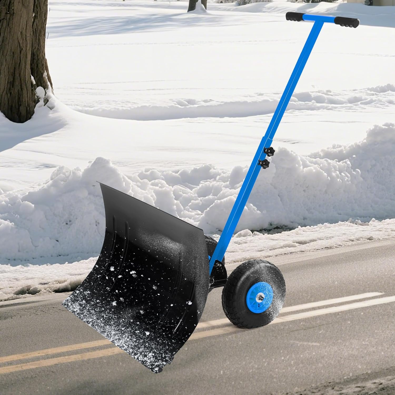 29 Inch Snow Shovel for Driveway with Wheels, Heavy Duty Snow Pusher ...
