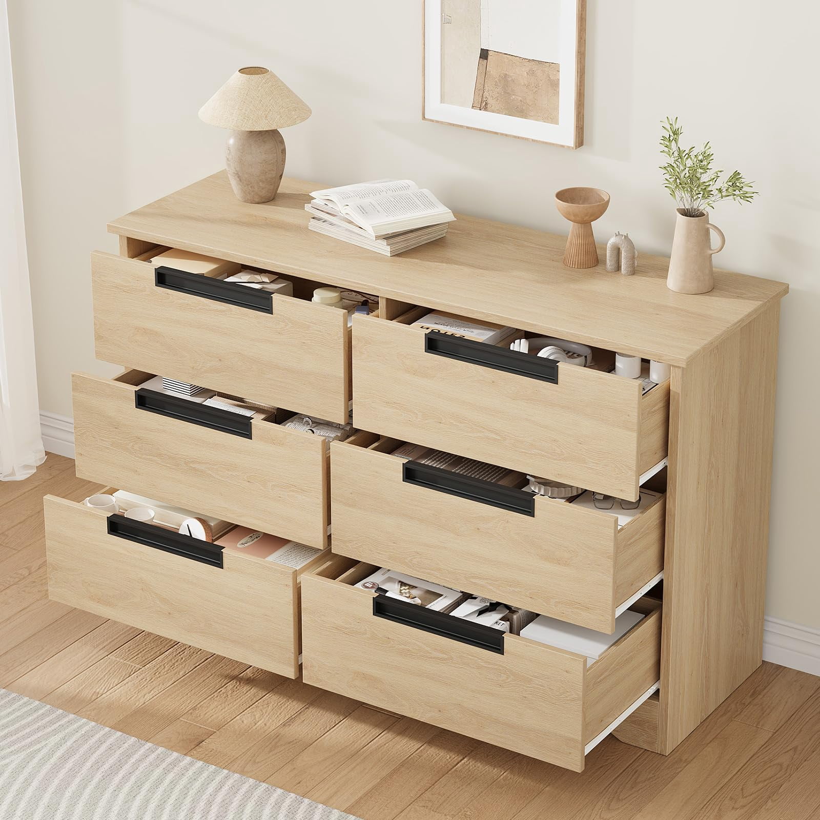 29"Natural 6-Drawer Double Dresser with Embedded Handles – Modern Wood ...