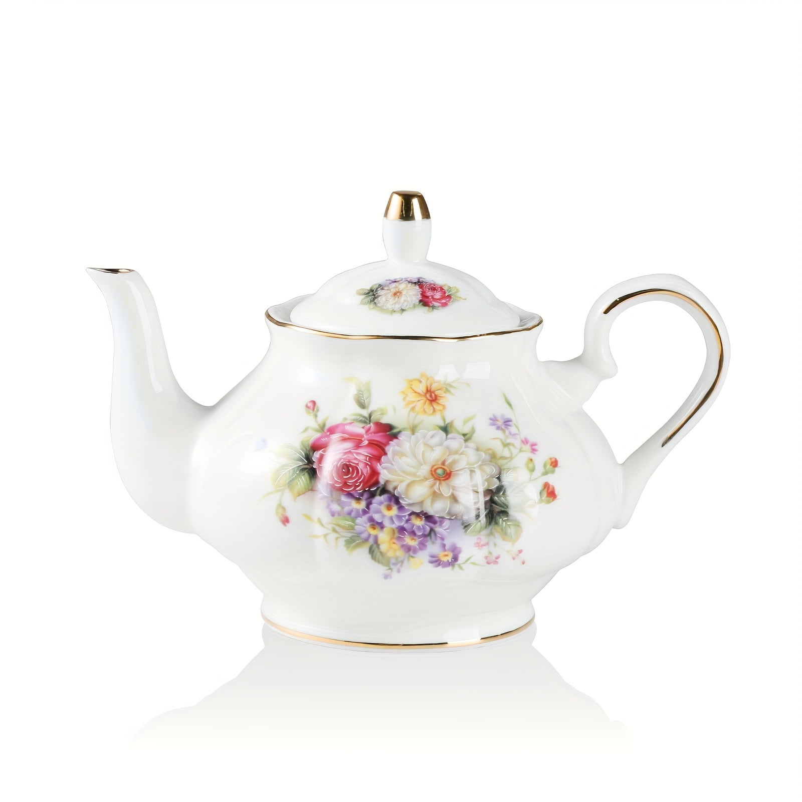 29 OZ Ceramic Teapot with Infuser - Floral Relief & Golden Rim ...