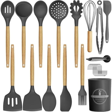 WISOLT 12-Piece Silicone Kitchen Utensils Set - Gray, Wooden Handles ...