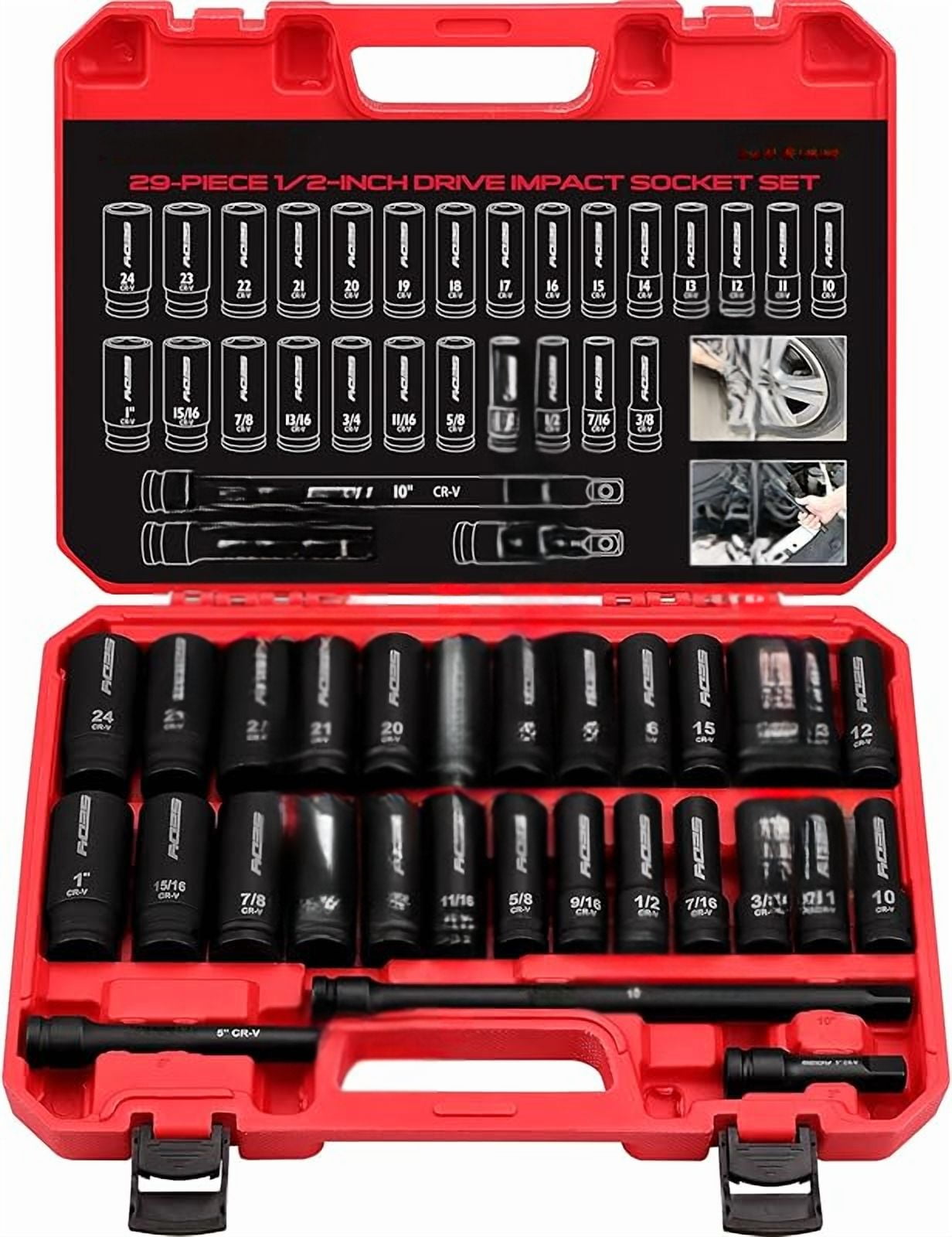 29-Piece 1/2" Drive Impact Socket Set, SAE (3/8 to 1 inch) and Metric ...