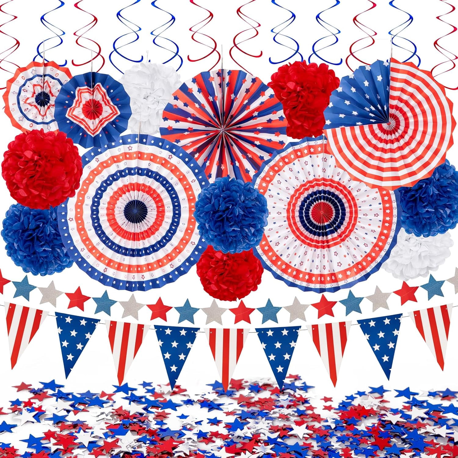 29-Piece Patriotic Party Decoration Set, Red White Blue Paper Fans, USA ...