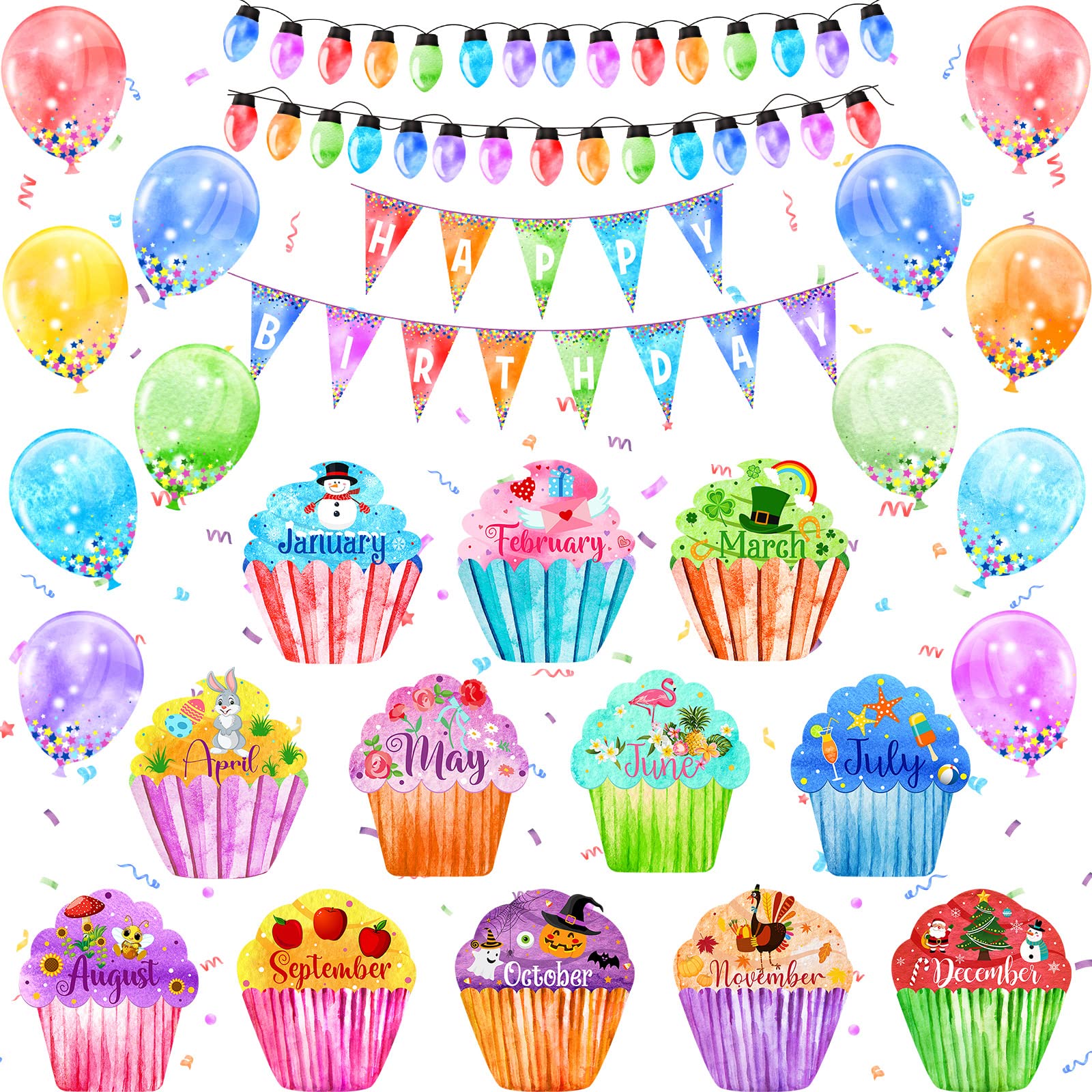 29 Pieces Happy Birthday Bulletin Board Decoration Watercolor Birthday ...