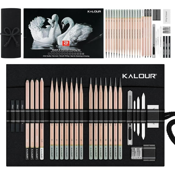 29 Pro Sketching Drawing Pencils Set with Roll-Up Nylon Case – 14 ...