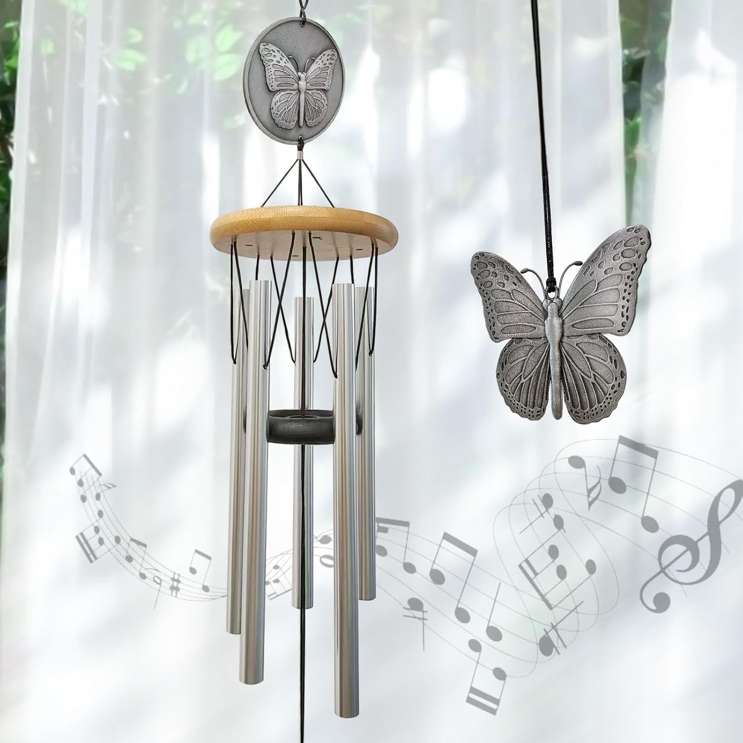 29" FONMY Silver Butterfly Wind Chimes Alumium Tube, Hanging Yard ...