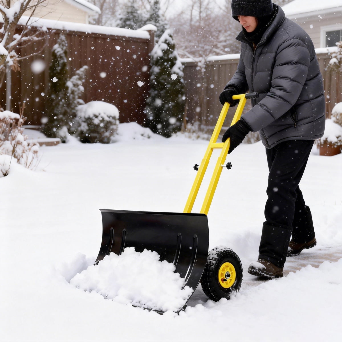 29" Snow Pusher, Dual Bar Snow Shovel with 10" Wheels, Blade Snow ...