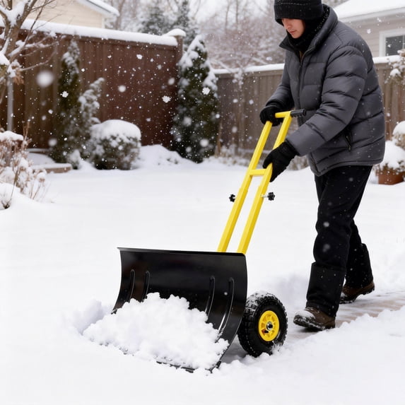 29" Snow Shovel for Driveway, Metal Snow Pusher with 10 Inch Wheels ...