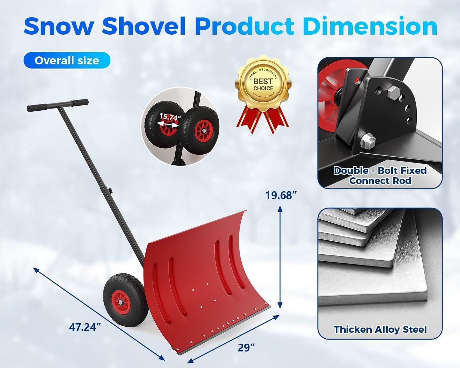 29" Snow Shovel Pusher for Driveway,Heavy Duty Metal Wheeled Snow Plow ...