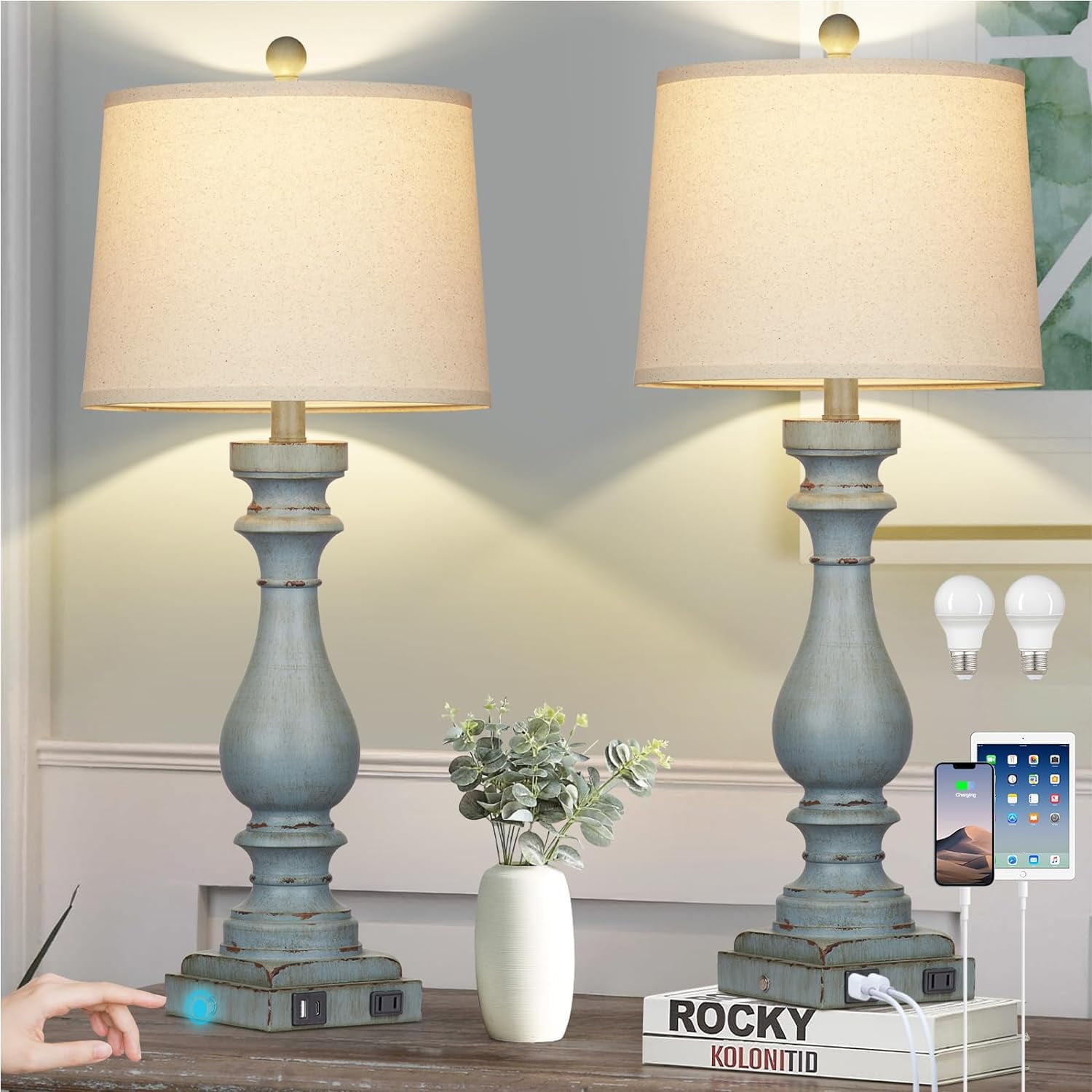 29" Tall Table Lamp for Living Room Set of 2,Coastal Bedside Nightstand ...