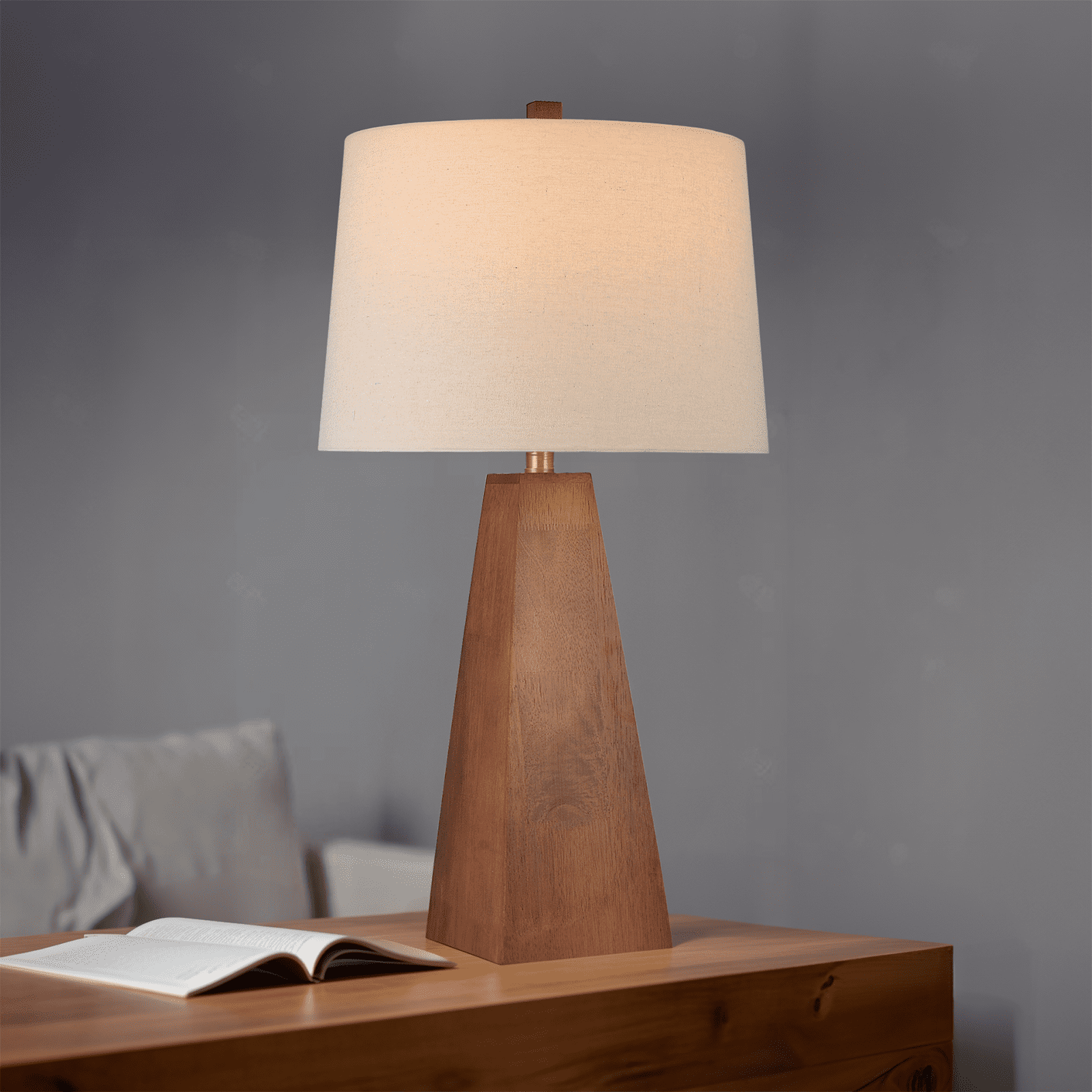 29'' Tall Wood Table Lamp With Beige Linen Shade, Mid Century Modern ...