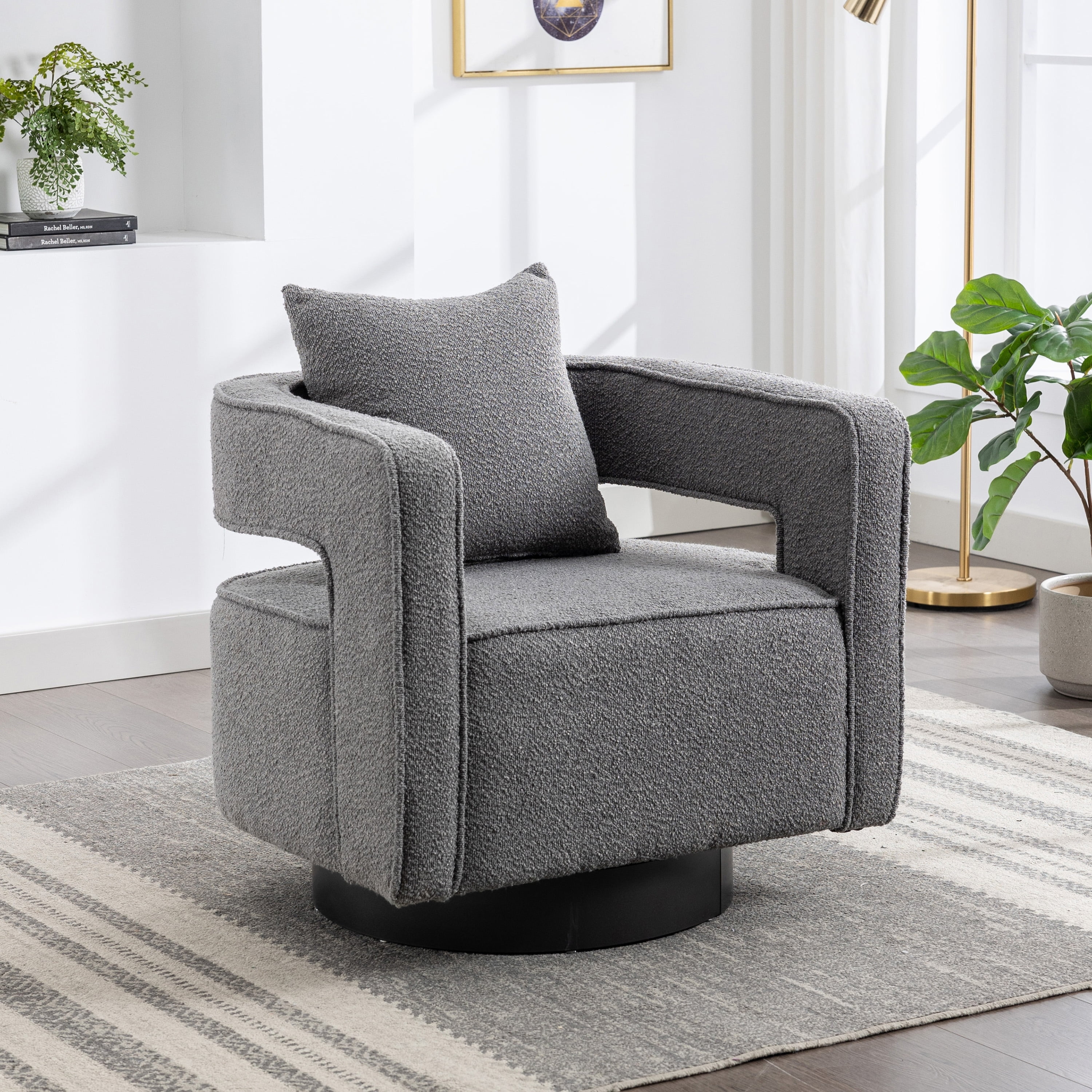 29"W Boucle Upholstered Swivel Armchair Single Sofa Gray/Metal Base ...