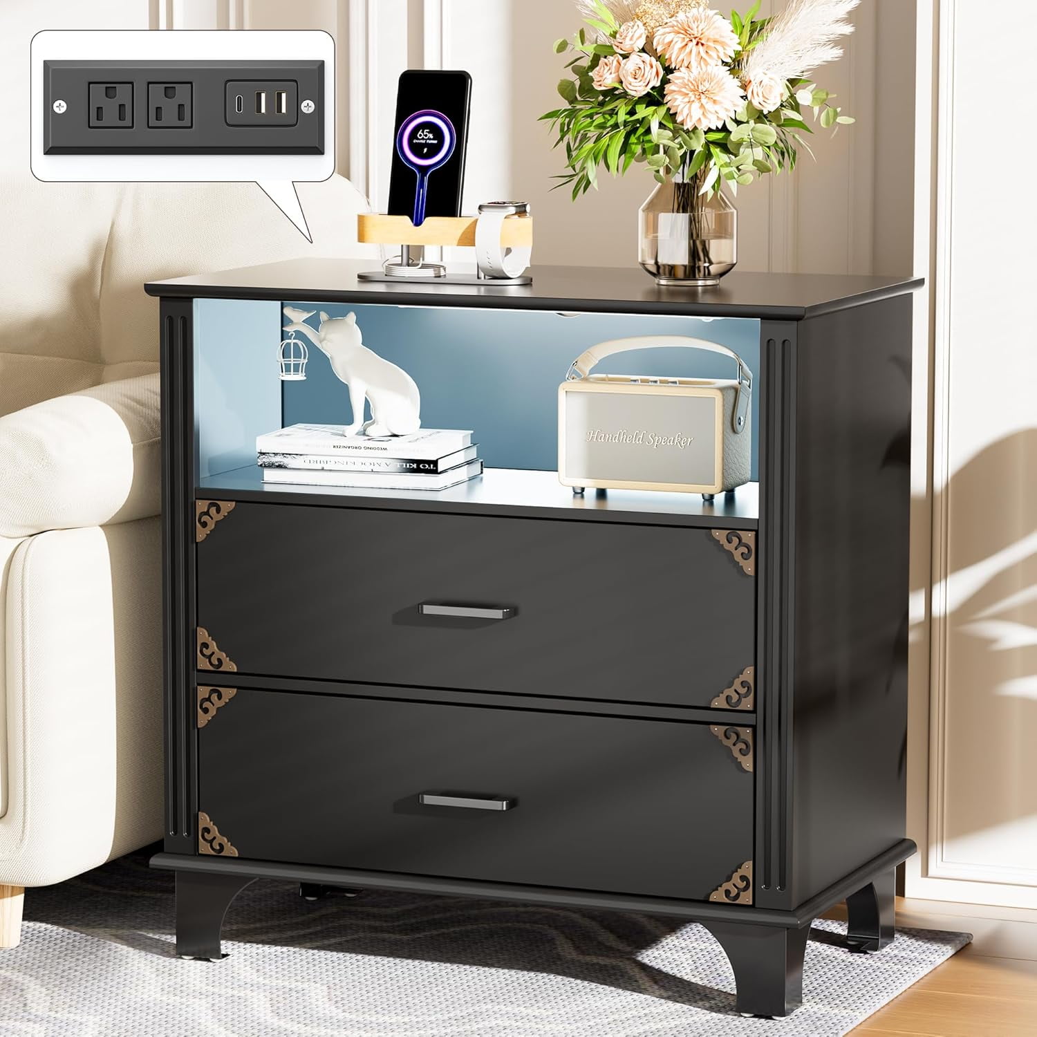 29" W LED Nightstands with Charging Station, Large Black Night Stands ...