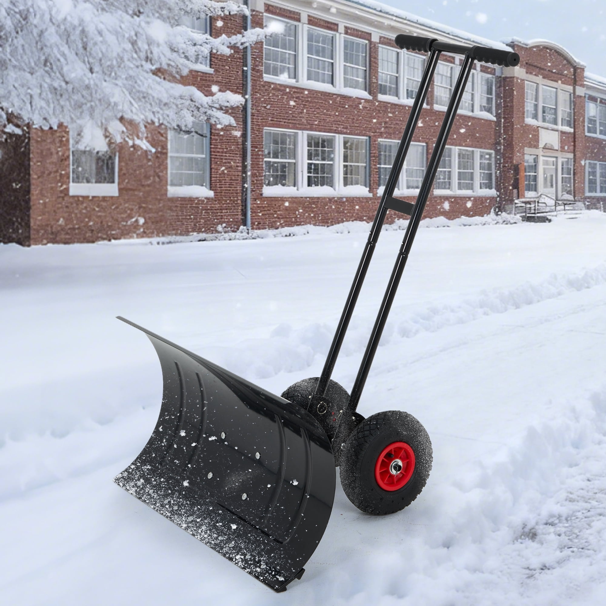 29" W Snow Shovel Pusher for Driveway, Metal Snow Pusher with Wheels ...