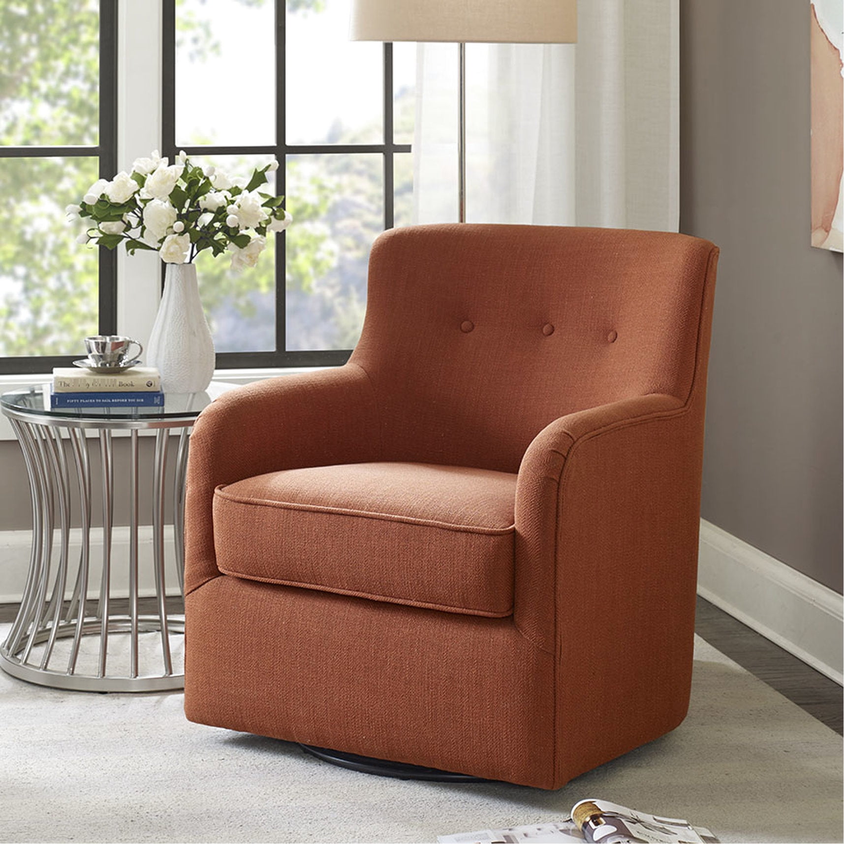 29" Wide Solid Wood Swivel Chair | 360-Degree Rotation, Loose Seat for ...