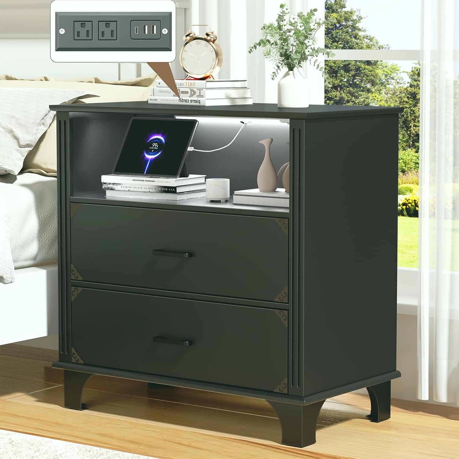29" wide bedside table with charging dock, bedside table with open ...