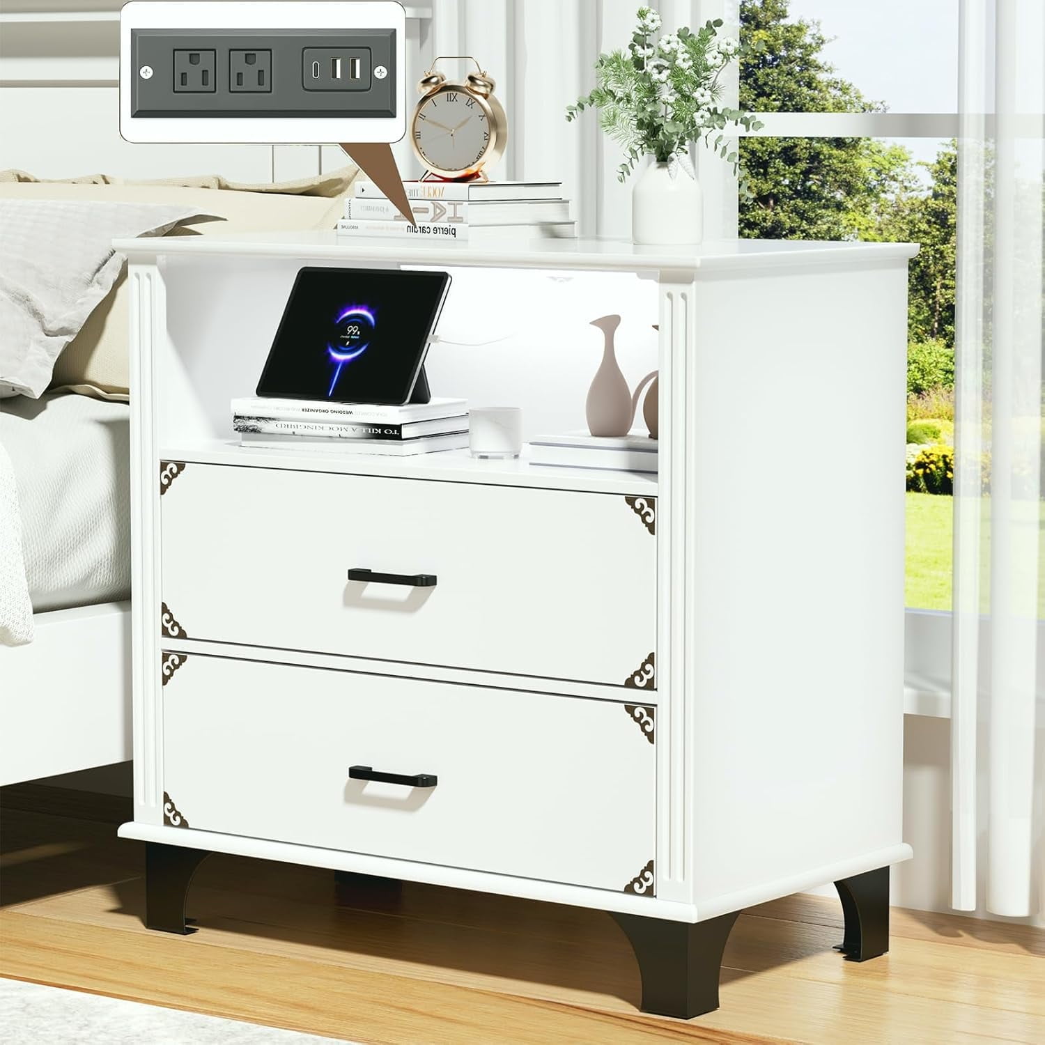29" wide bedside table with charging dock, bedside table with open ...