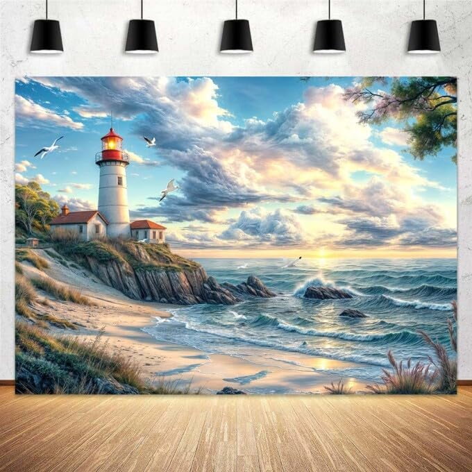 29 x 37 Inch Beach Ocean Backdrop, Lighthouse Background Summer Beach ...