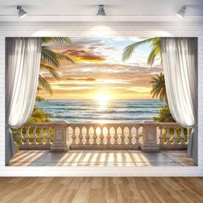 Ocean-Themed Tropical Island Photo Backdrop, Coconut Trees, Sea, Beach ...