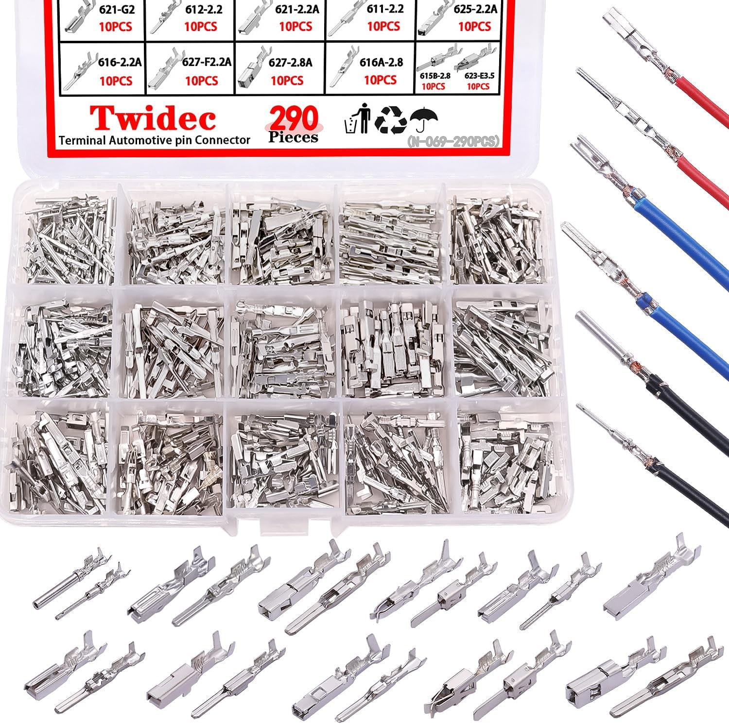 /290PCS Car Electrical Wire Terminal Pins Connector 1/1.5/1.8/2.2/2.8/3.5mm 21Type Connector ...
