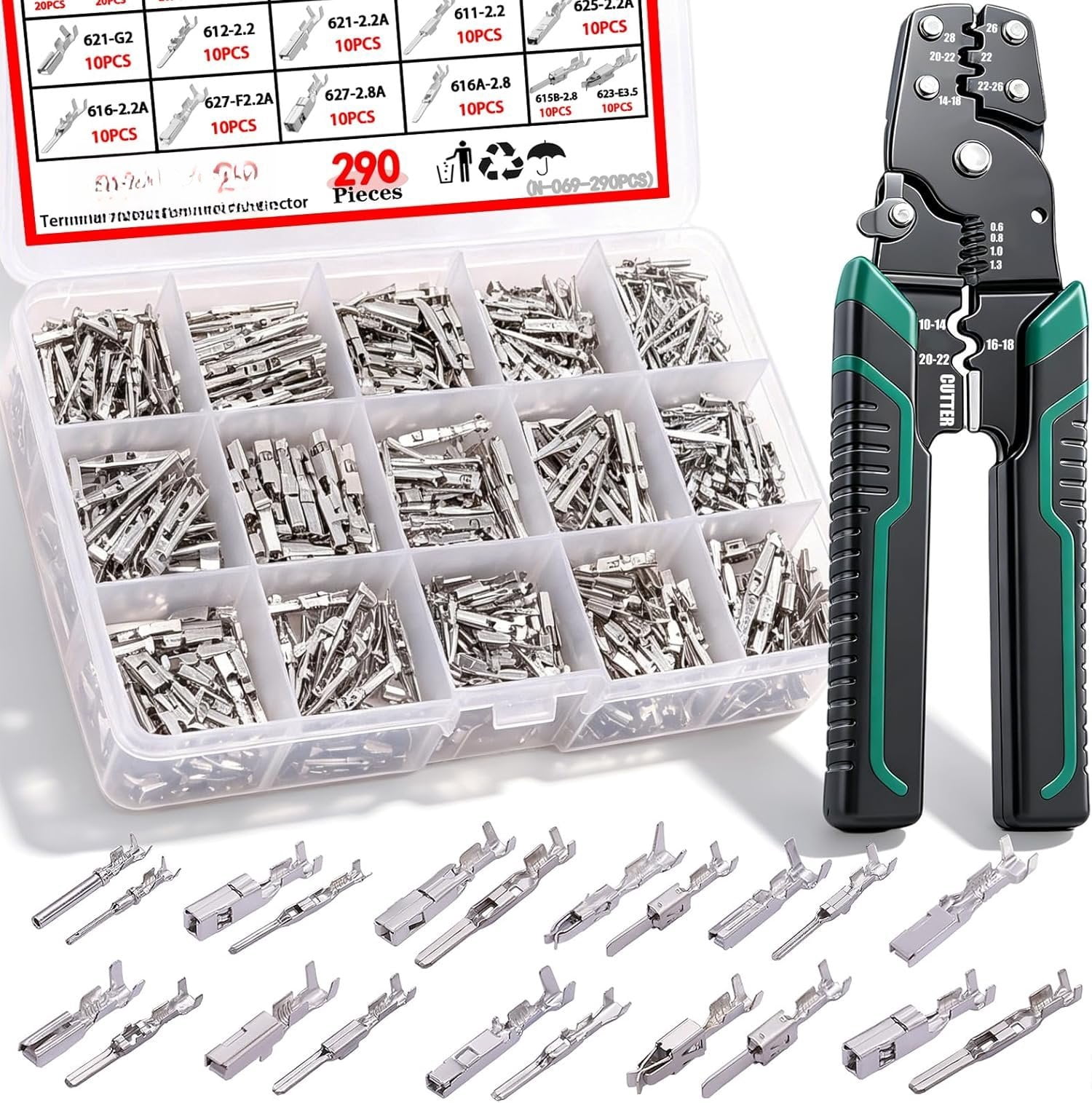 /290PCS Electrical Wire Terminal Pins Connector 1/1.5/1.8/2.2/2.8/3.5mm ...
