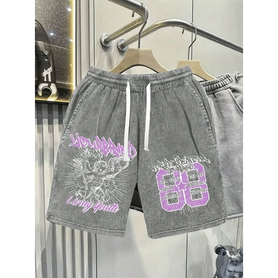 290g washed shorts, reversible printed summer men's vintage wash casual street sports shorts ...