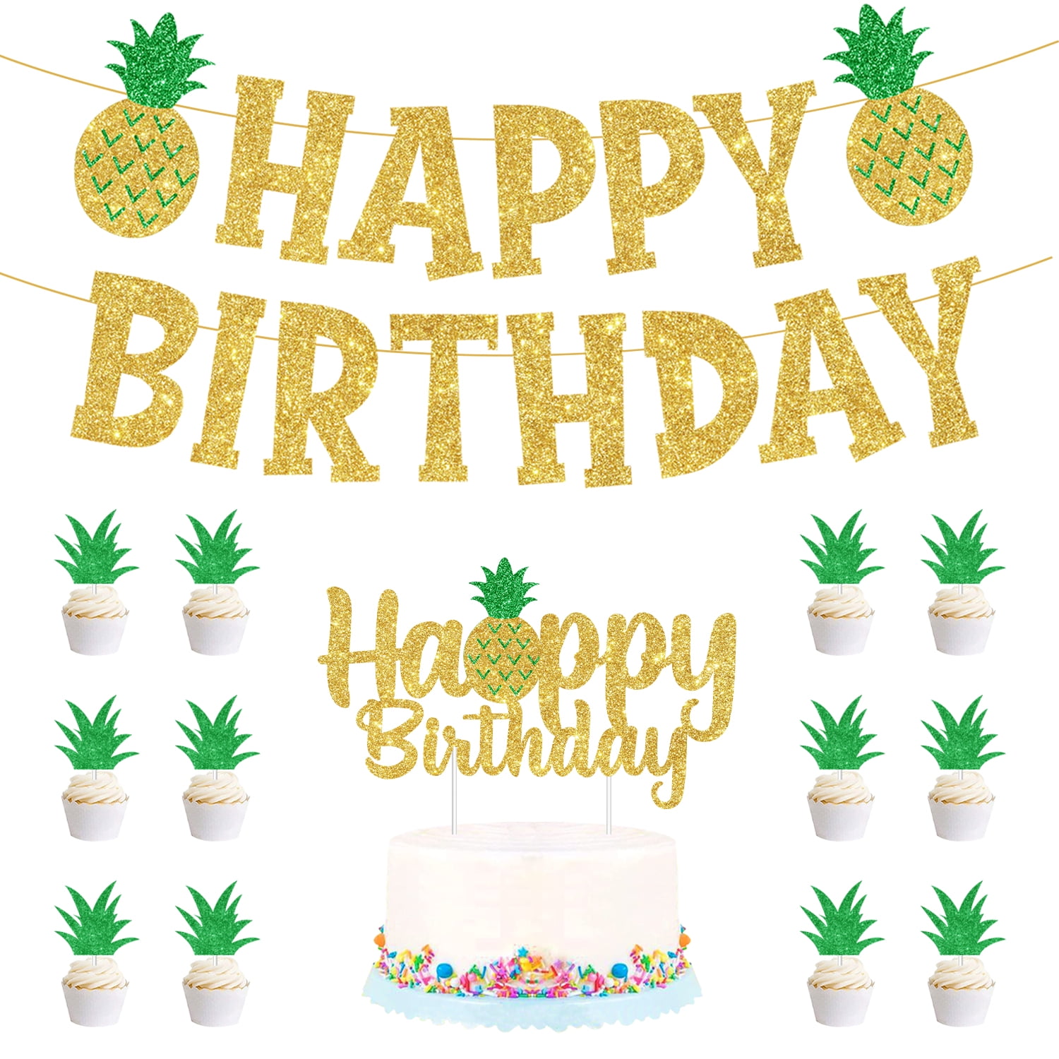 29PCS Golden green pineapple themed banner cake insert set, Tropical ...