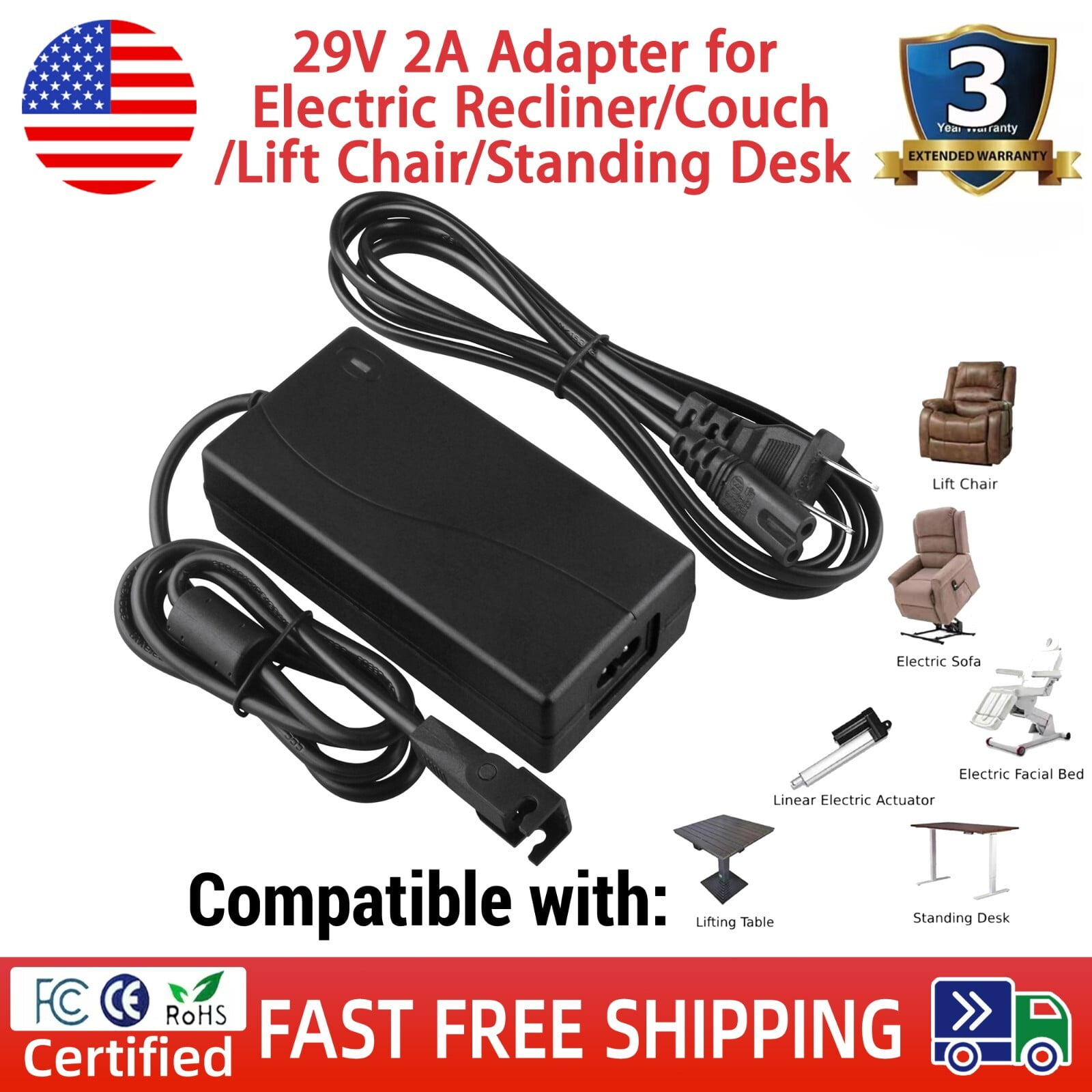 29V 2A Switching Adapter for Electric Recliner/Couch/Lift Chair ...