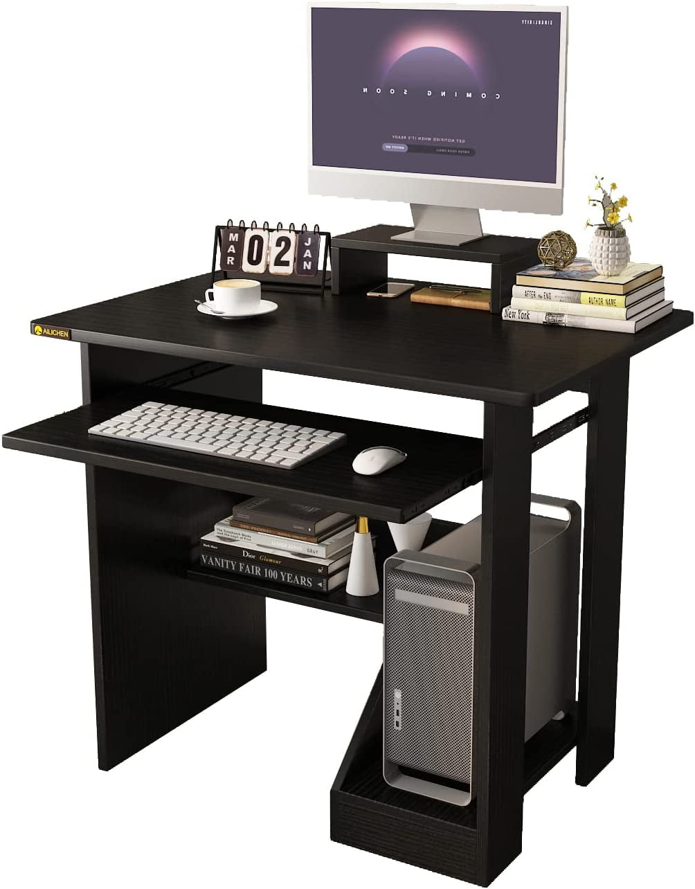 29in Computer Desk with Monitor Stand and Keyboard Tray for Small Space ...