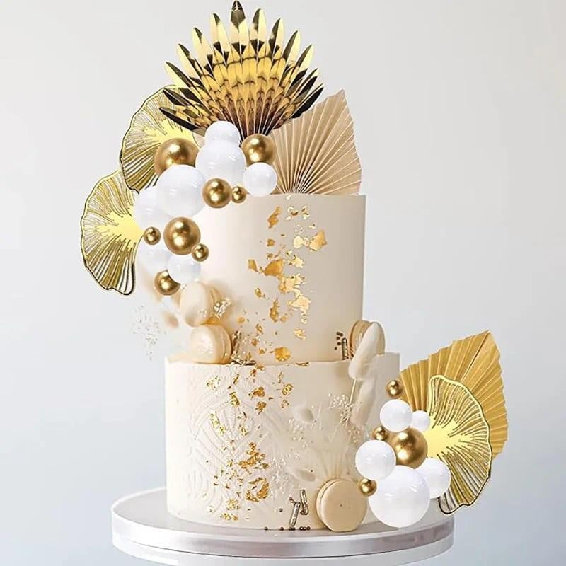 29pcs Boho Cake Topper Gold White Balls Boho Ginkgo Leaf Cupcake DIY ...