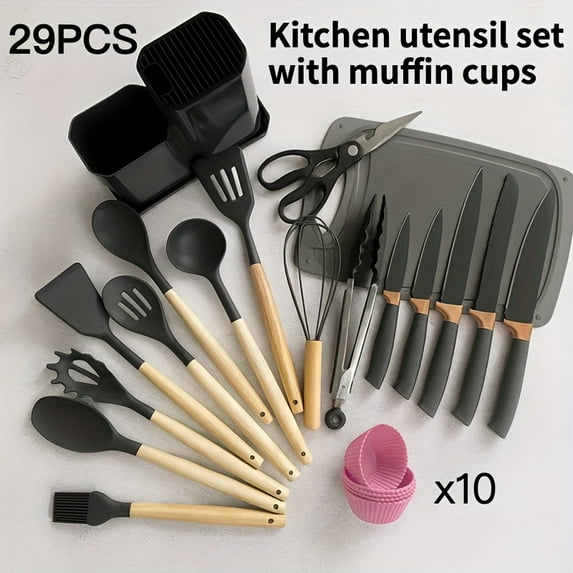 29pcs Non-Stick Cookware Set with Stand - Heavy-Duty Silicone Utensils ...