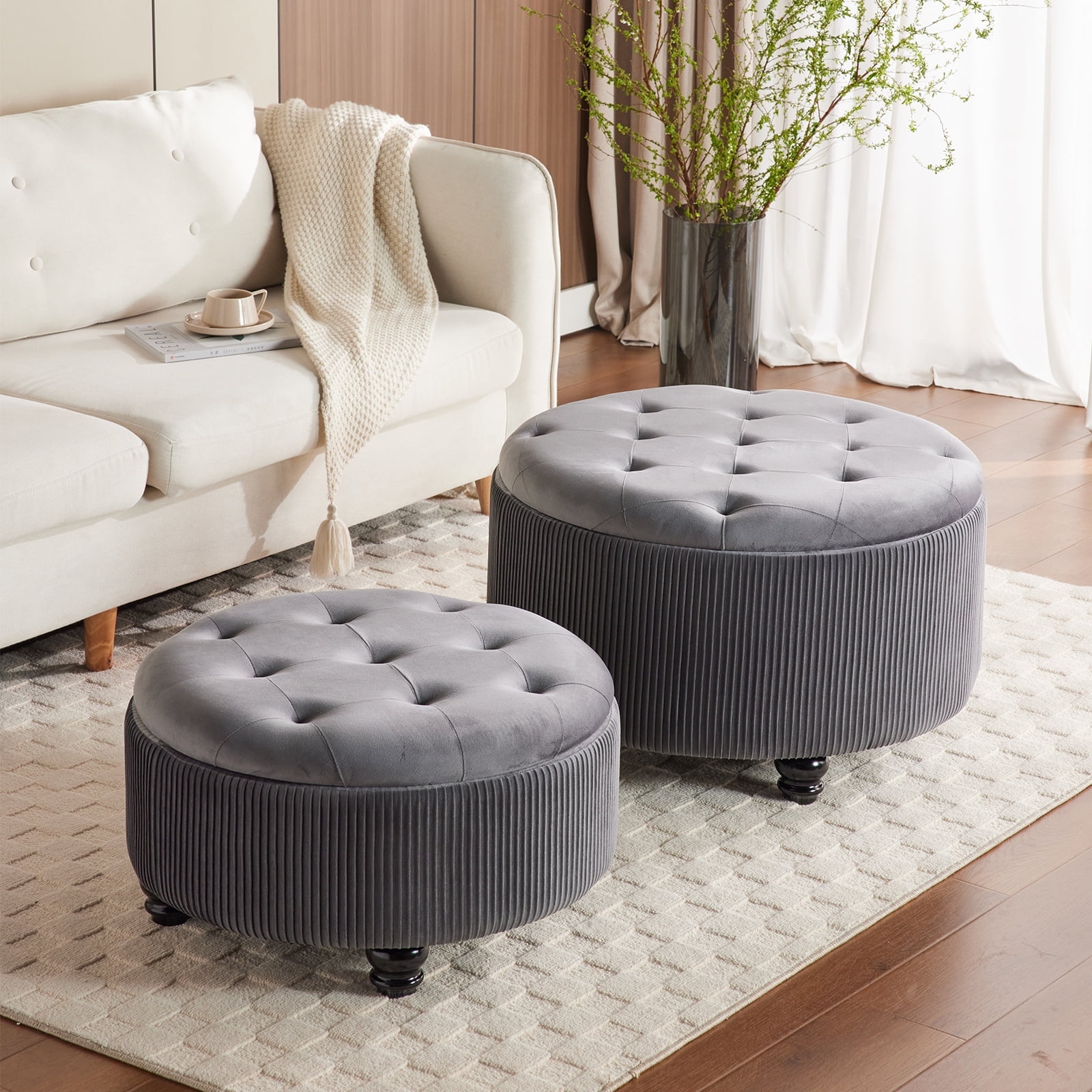 2BYF 29' Large Round Storage Ottoman Set of 2 Modern Button Circle ...