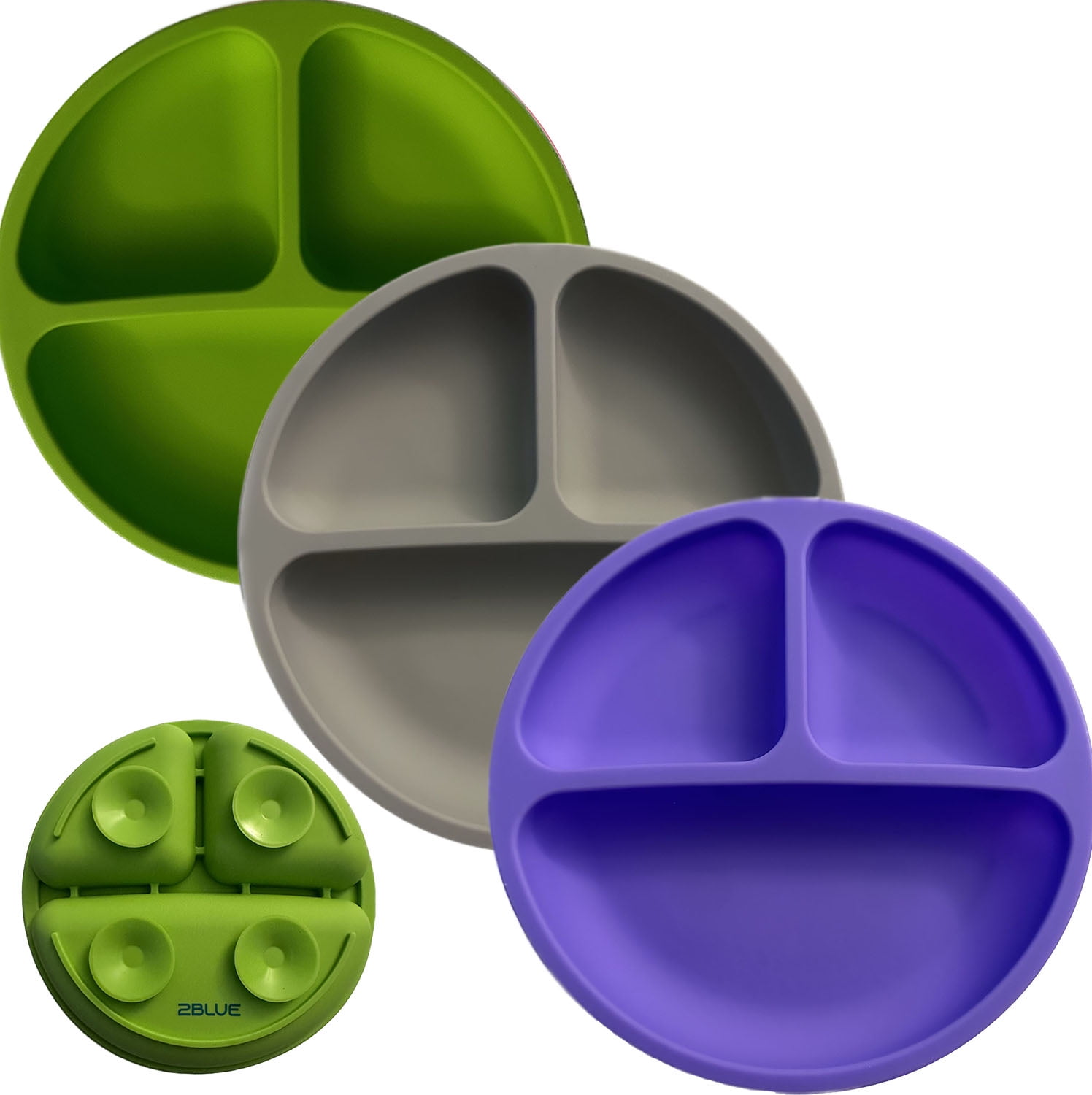 2Blue Round Suction Plates for Baby and Toddlers - 100% Silicon Set 1/3 ...