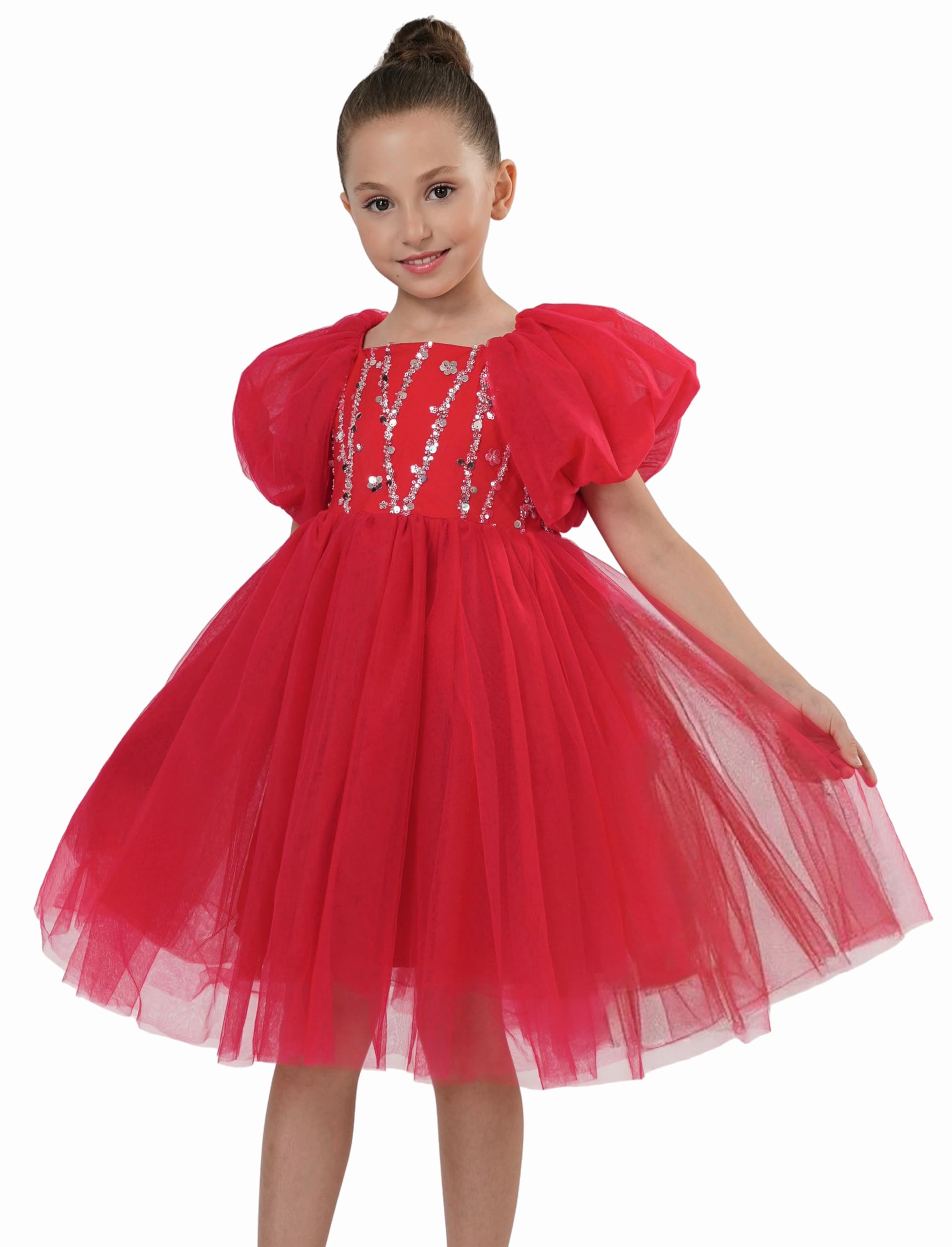 2Bunnies Girls Beaded Sequin Embellished Tulle Puff Sleeve Christmas ...