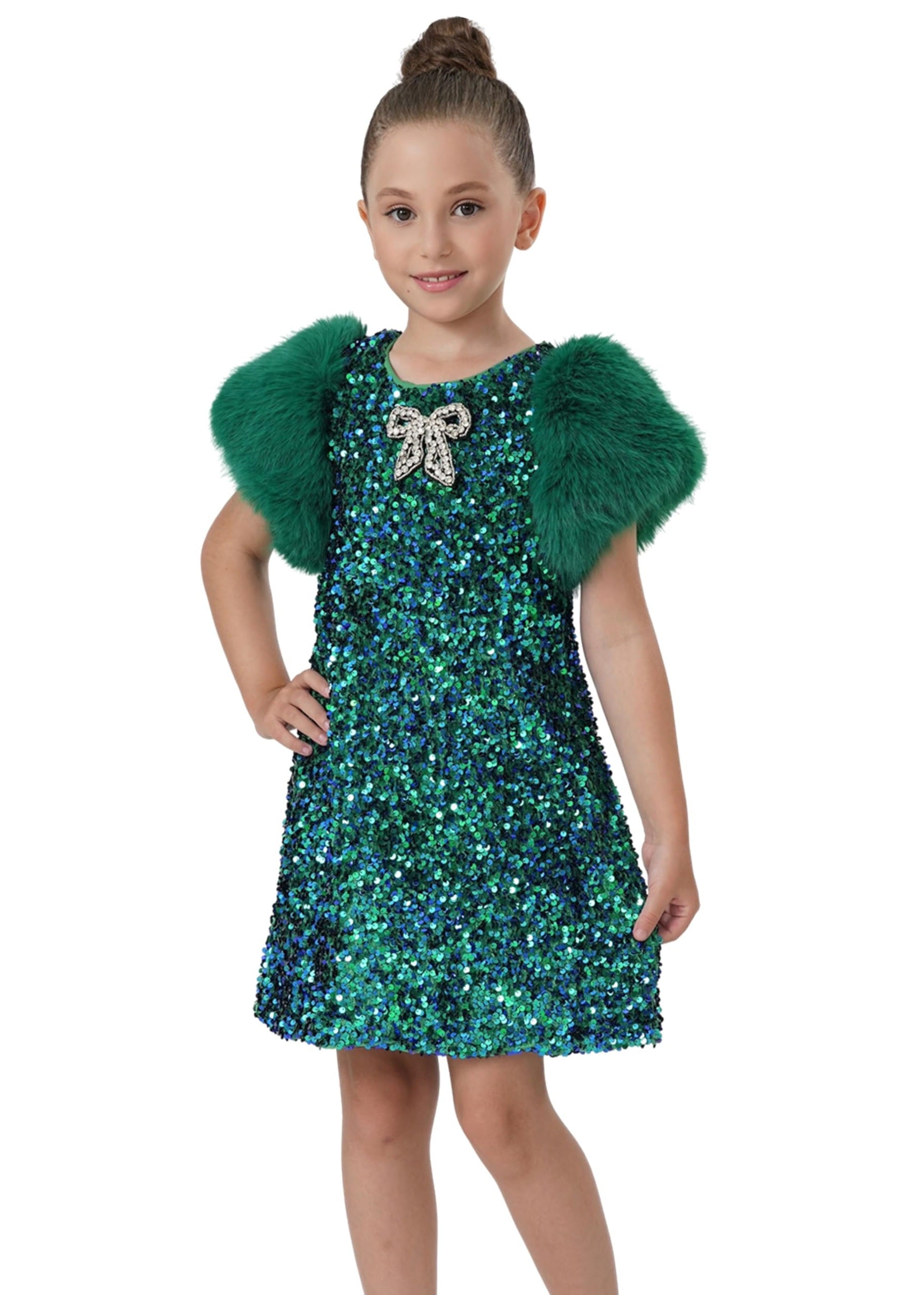 2Bunnies Girls' Christmas New Year Holiday Party Sequin Dress Fur Puff ...