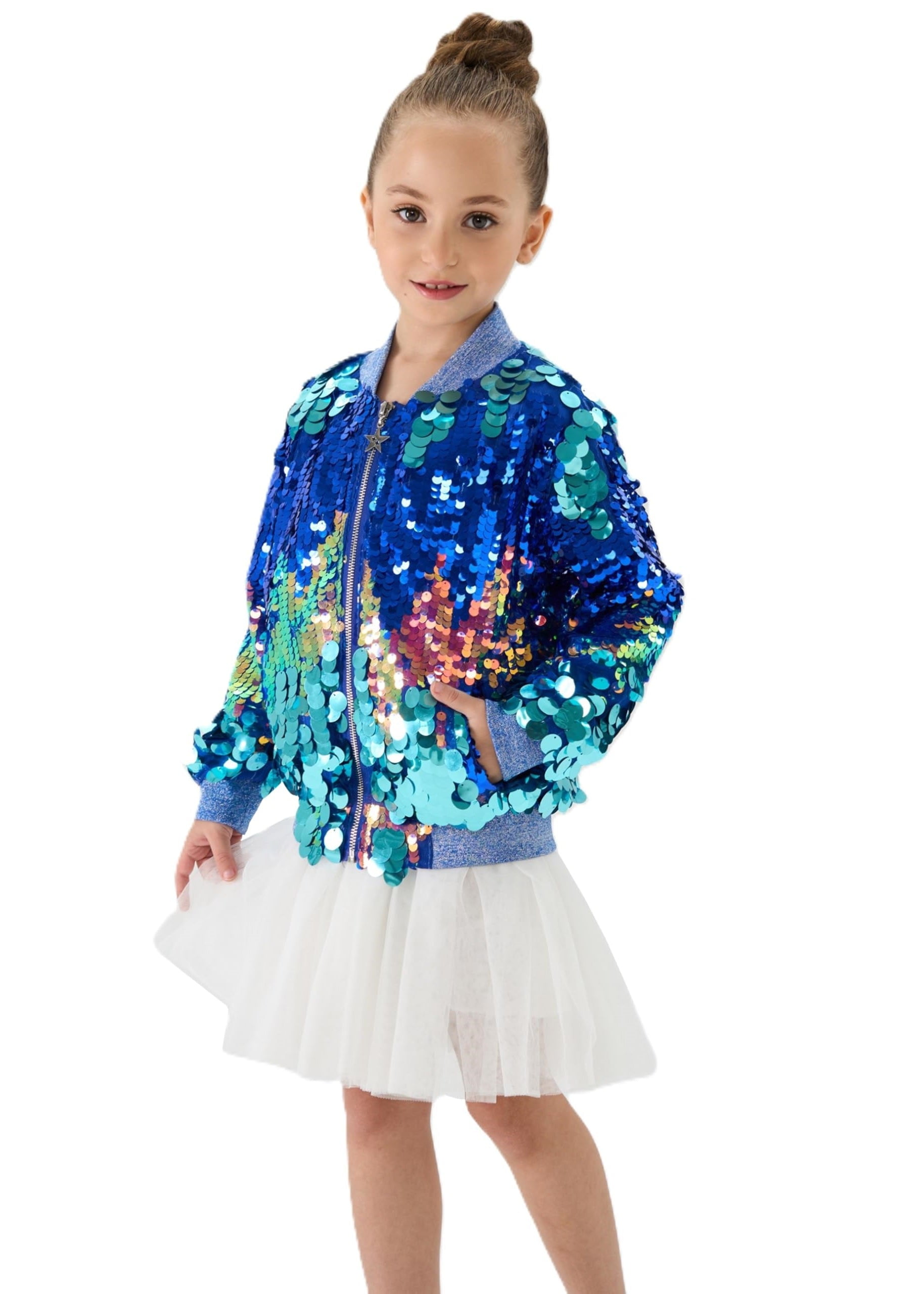 2Bunnies Girls' Cosmic Cerulean Sequin Bomber Jacket - Walmart.com