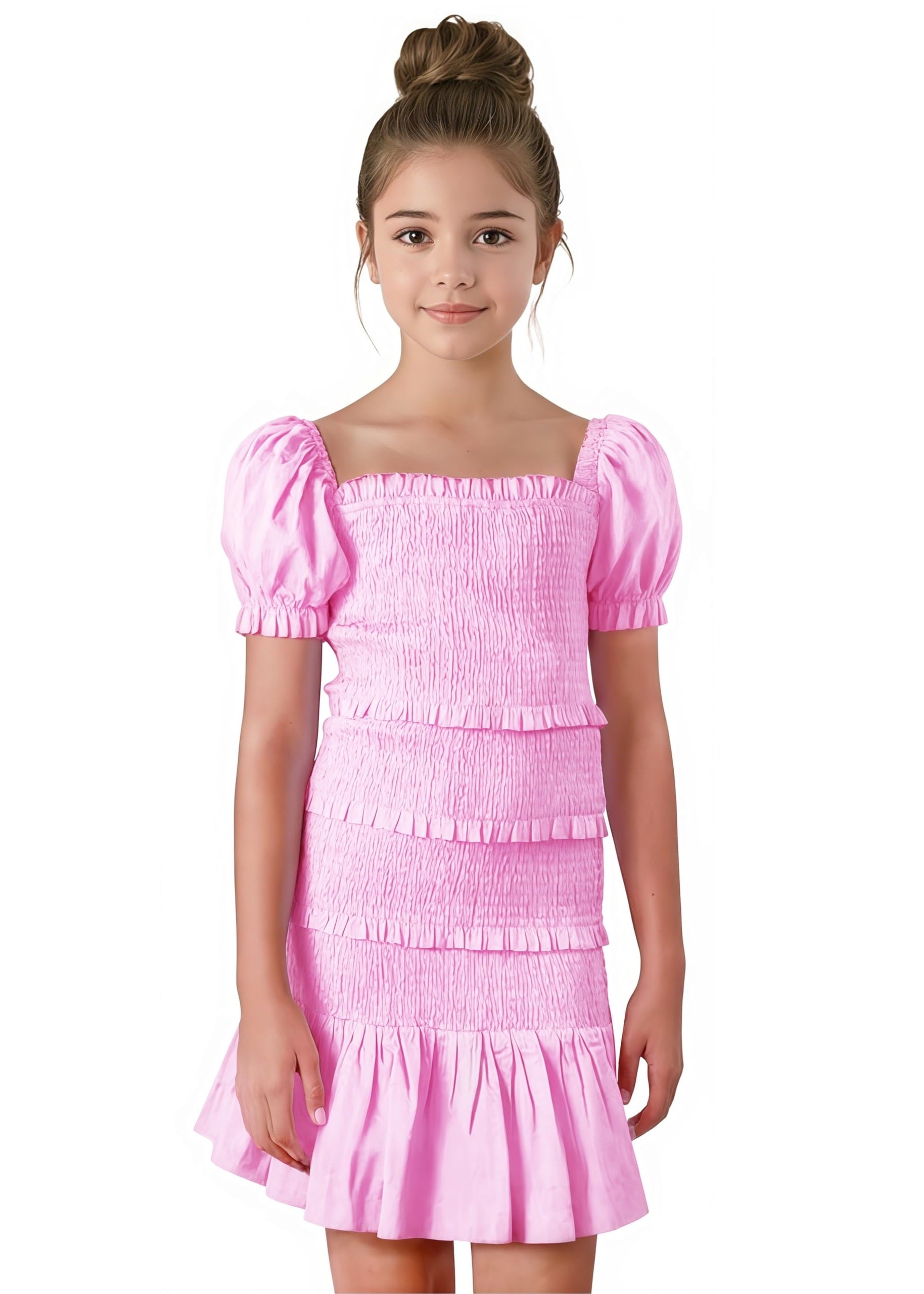 2Bunnies Girls' Tween Teen Smocked Ruffle Party Dance Mini Dress On and ...