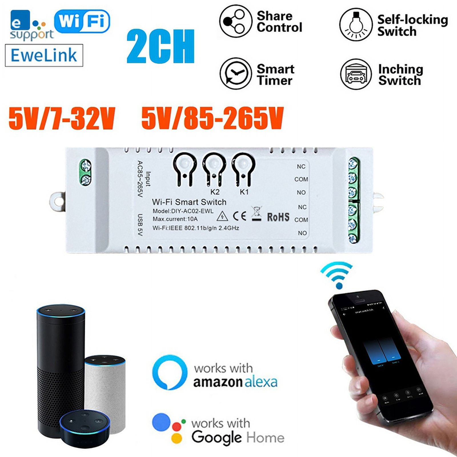 2CH WiFi Smart Switch DIY APP 85265V USB 5V 2.4G WiFi Home Automation ...