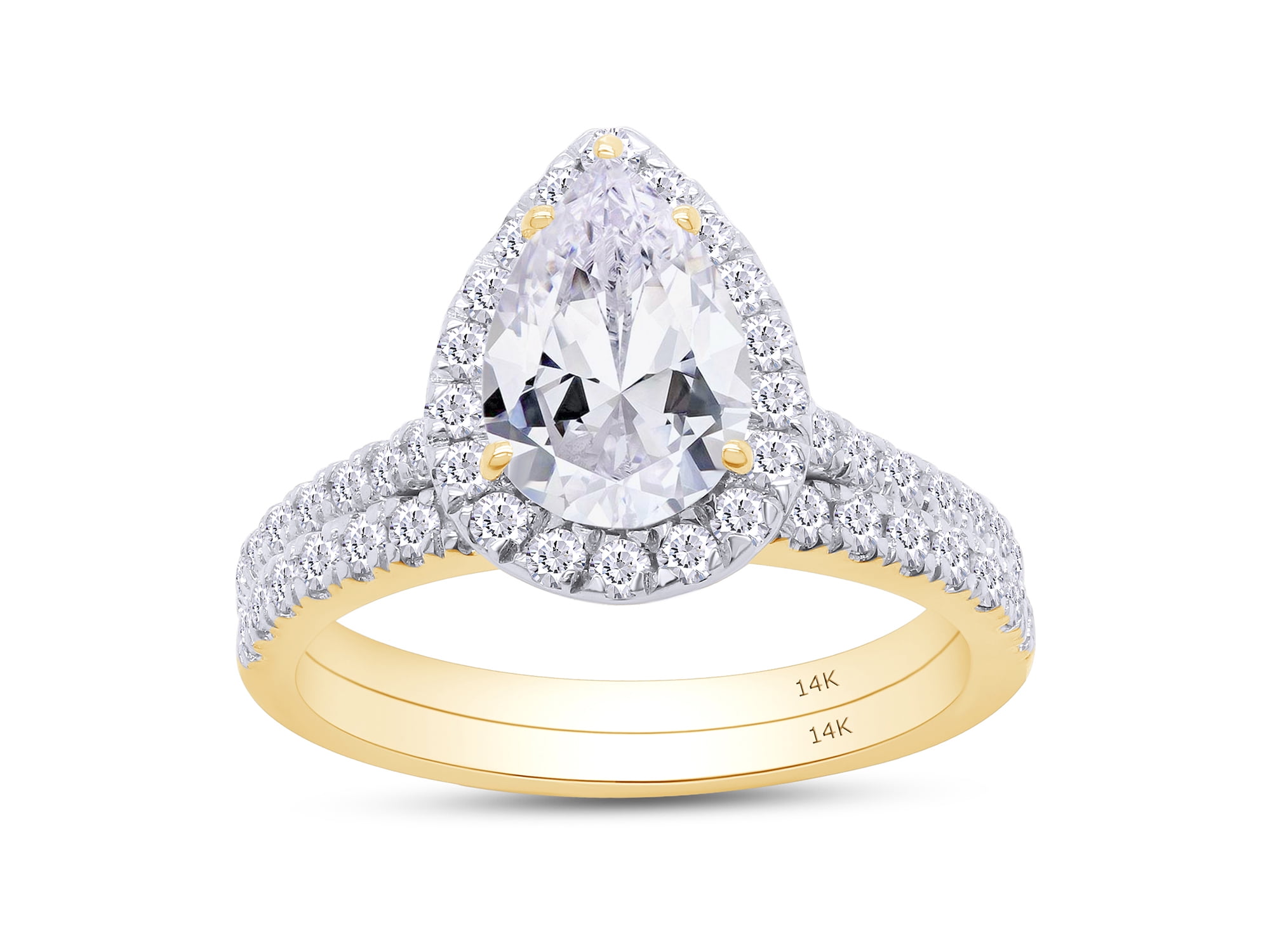 2CT 14K Solid Yellow Gold Bridal Ring Set Teardrop Lab Created ...